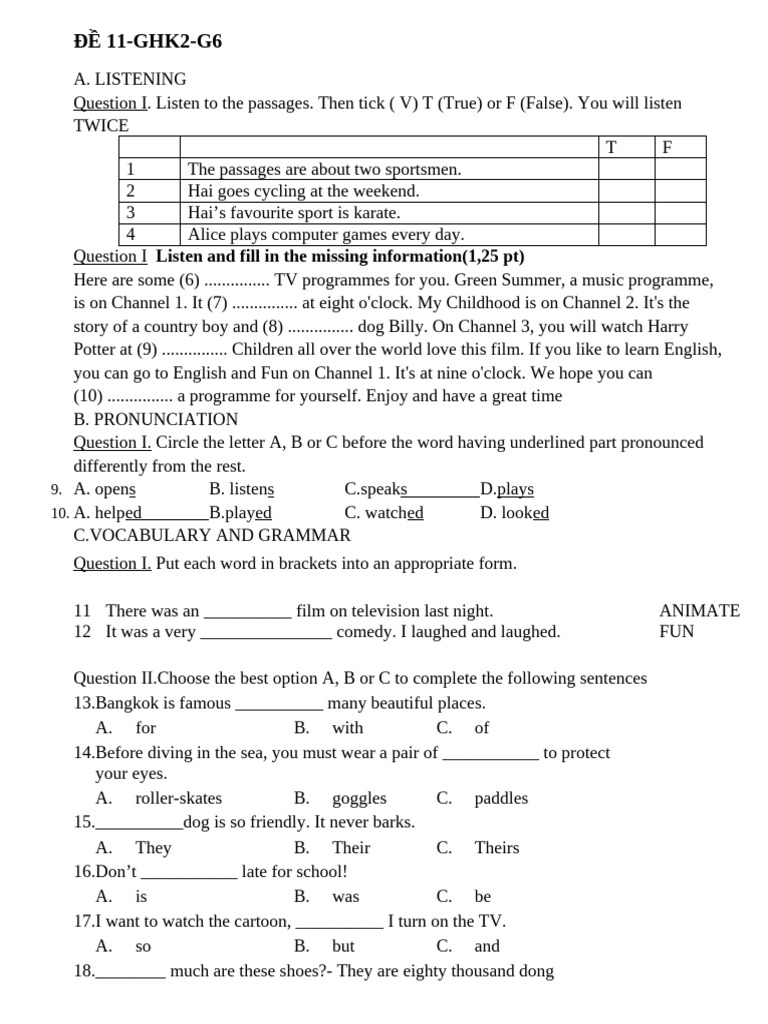 Grade 6 Listening and Grammar Practice | PDF | Linguistics