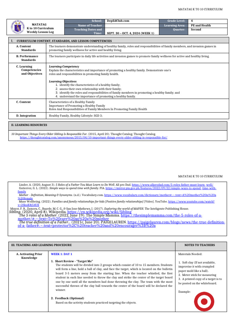 DLL Matatag - Pe & Health 4 Q2 Week1-2 | PDF | Curriculum | Sibling
