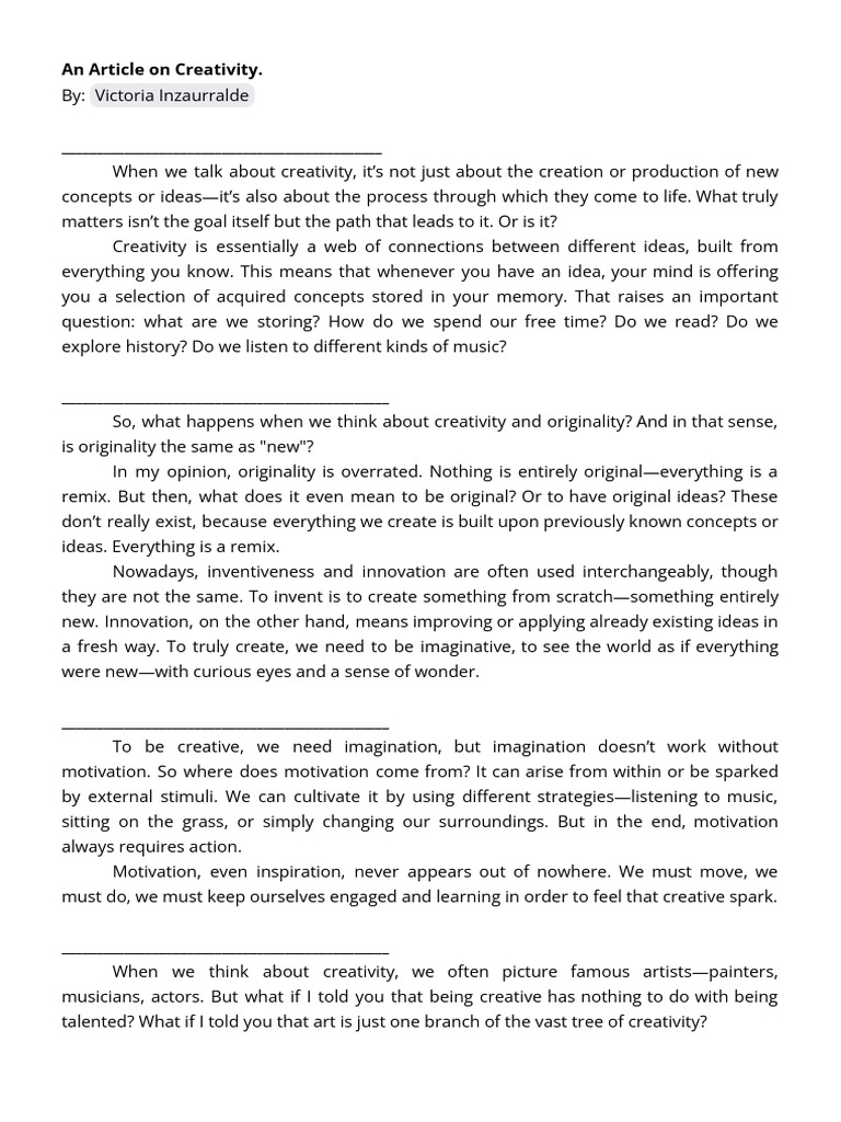 An Article On Creativity | PDF | Creativity | Cognition