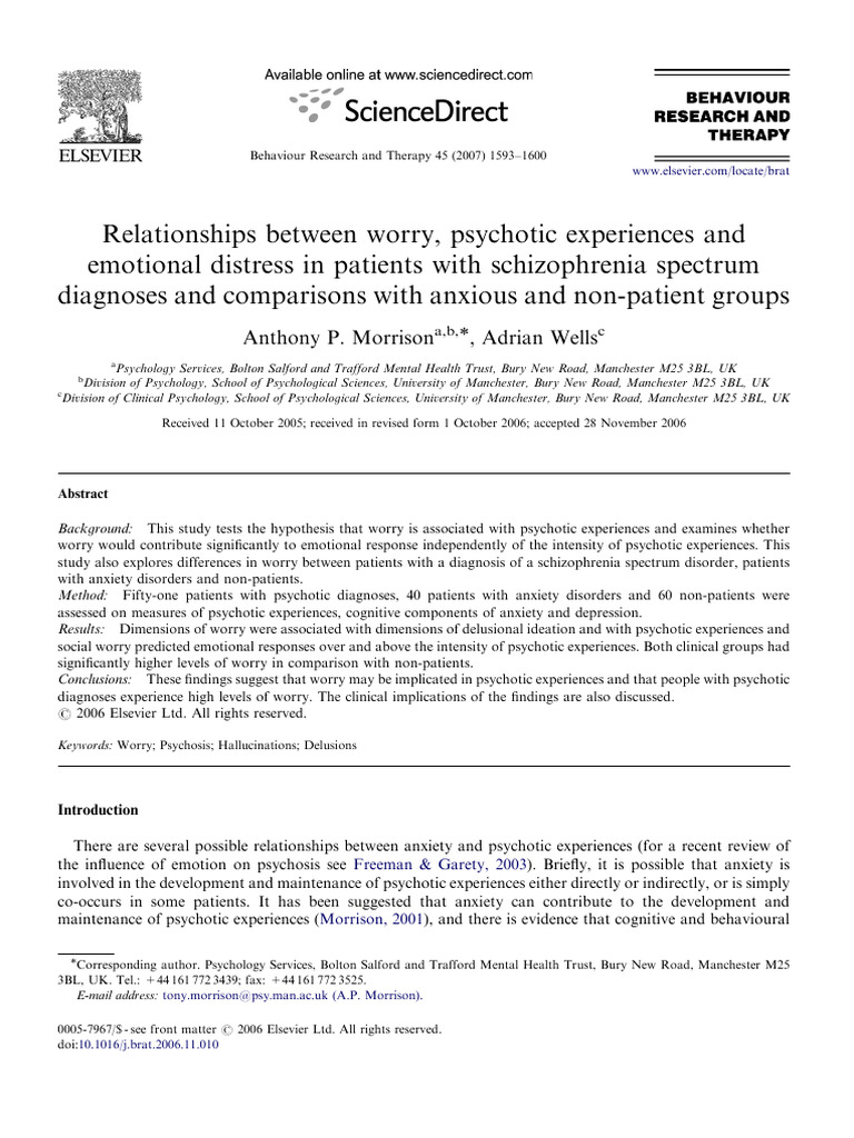 Relationships Between Worry, Psychotic Experiences and Emotional Distress in Patients With ...