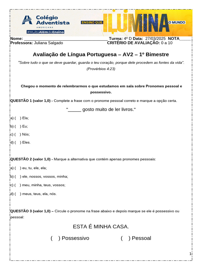 Av2 - Língua Port. 4 Ano 1b (1) | PDF | Pronome