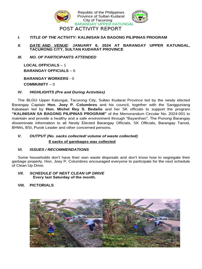 POST ACTIVITY REPORT BLGU UPPER KATUNGAL, TACURONG CITY , SULTAN KUDARAT PROVINCE | PDF