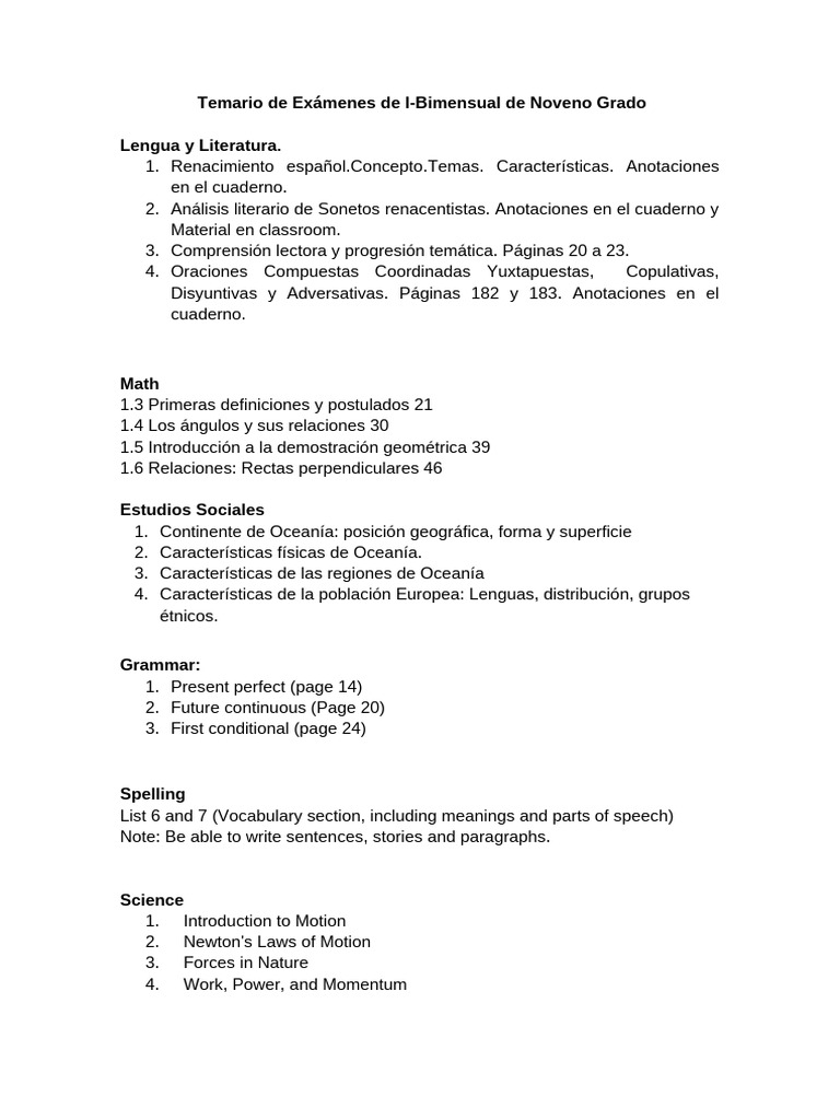 Temario Exámenes Noveno Grado I-Bimensual | PDF