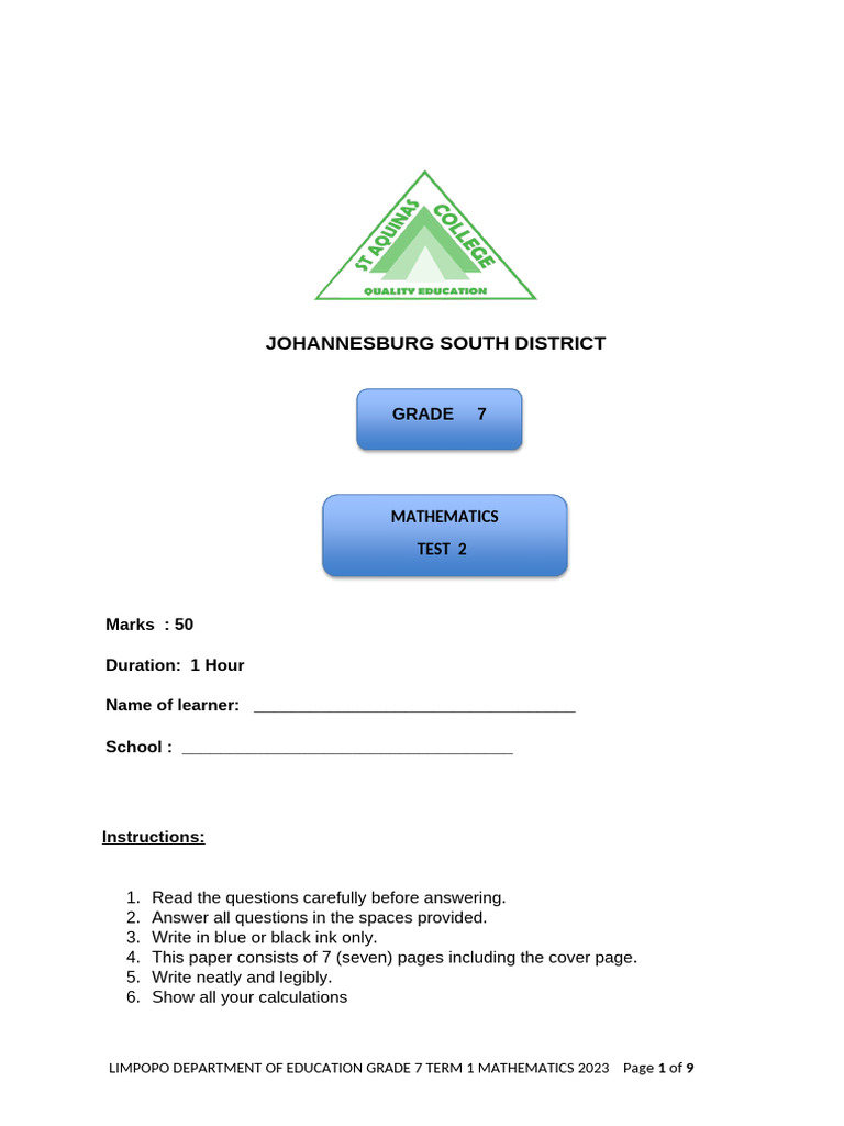 GRADE 7 MATHS 2025 Test 2 | PDF | Mathematics