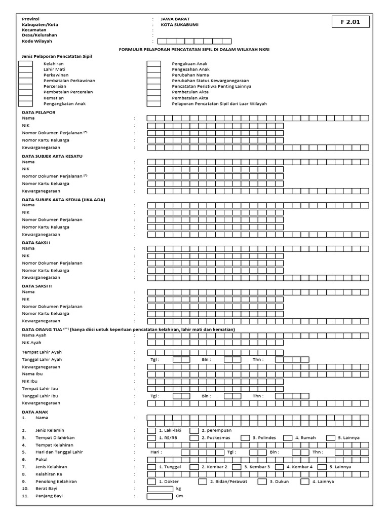 F-2.01 - Formulir Pelaporan Pencatatan Sipil di dalam Wilayah NKRI | PDF