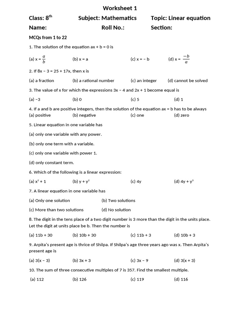 8th Grade Math: Linear Equations MCQs | PDF | Equations | Numbers