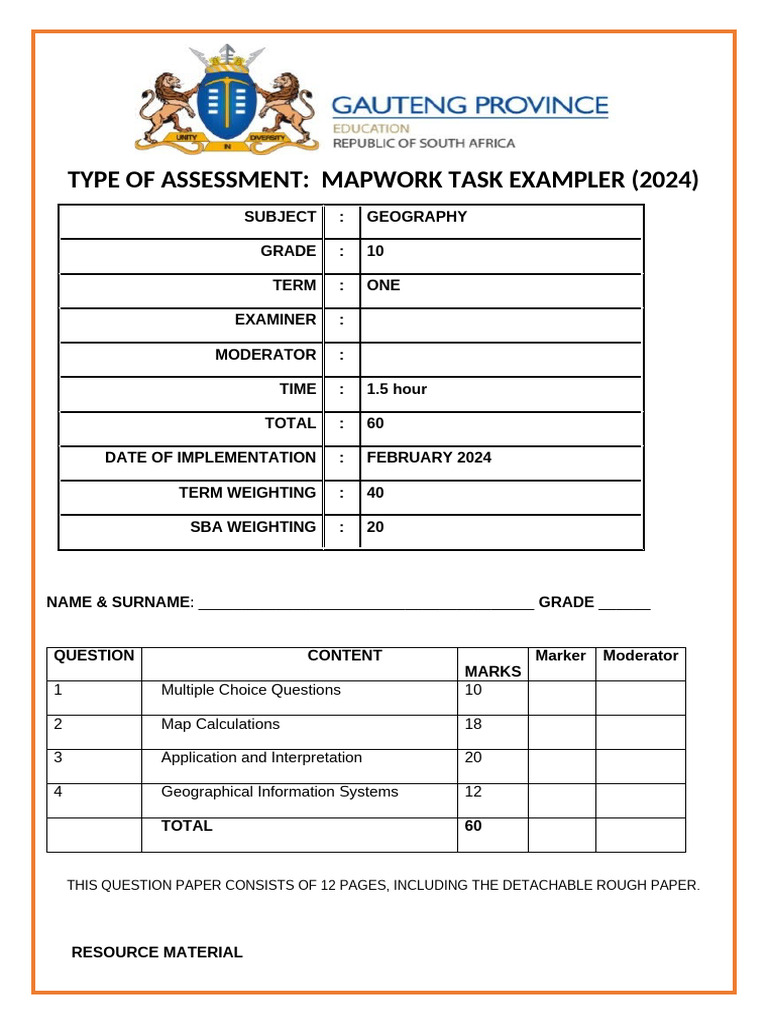 Grade 10 Mapwork Task Exampler 2024 | PDF | Contour Line | Topography