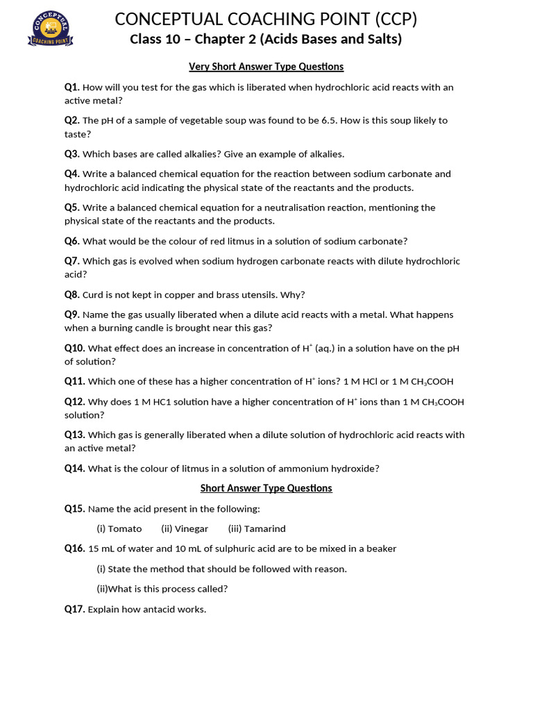 Acids Bases (Ch2) - Imp Ques | PDF | Sodium Carbonate | Acid