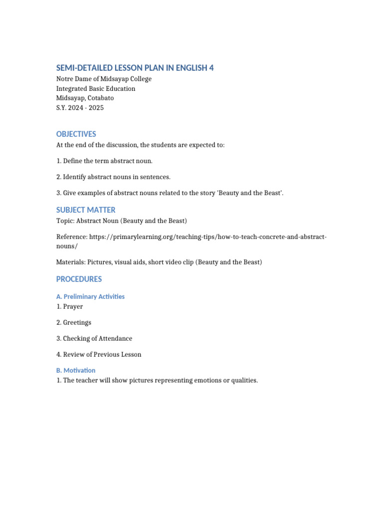 Abstract Nouns Beauty and The Beast Lesson Plan | PDF | Beauty | Courage