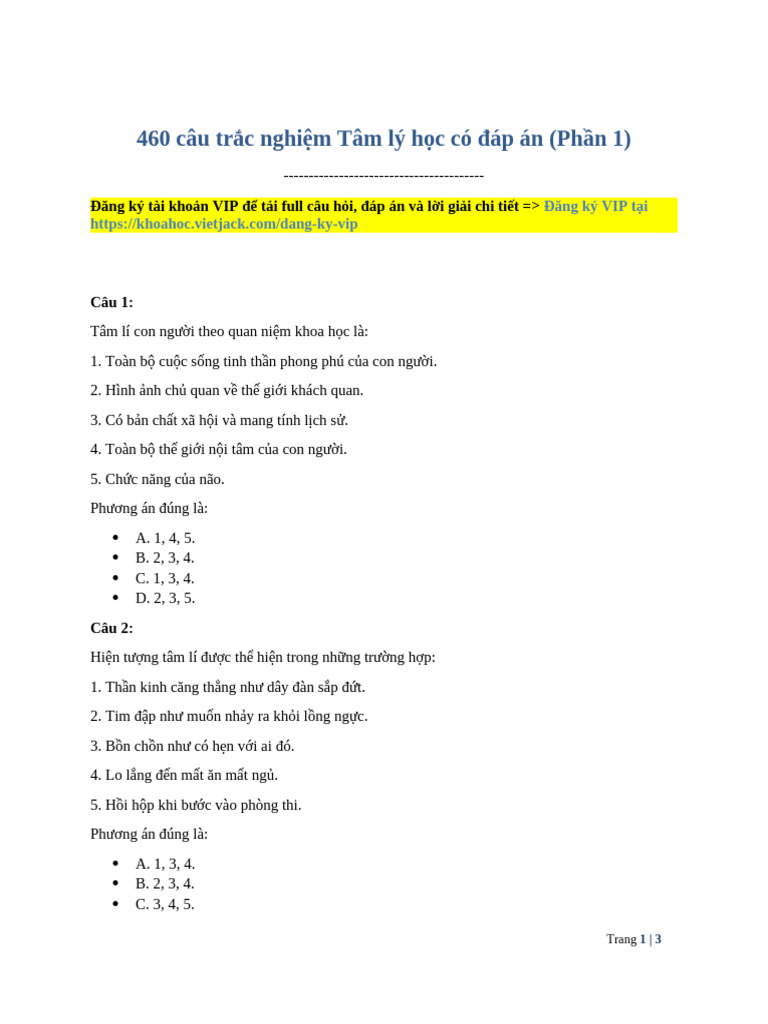 460 Cau Trac Nghiem Tam Ly Hoc Co Dap An Phan 1 2025-01-02 | PDF