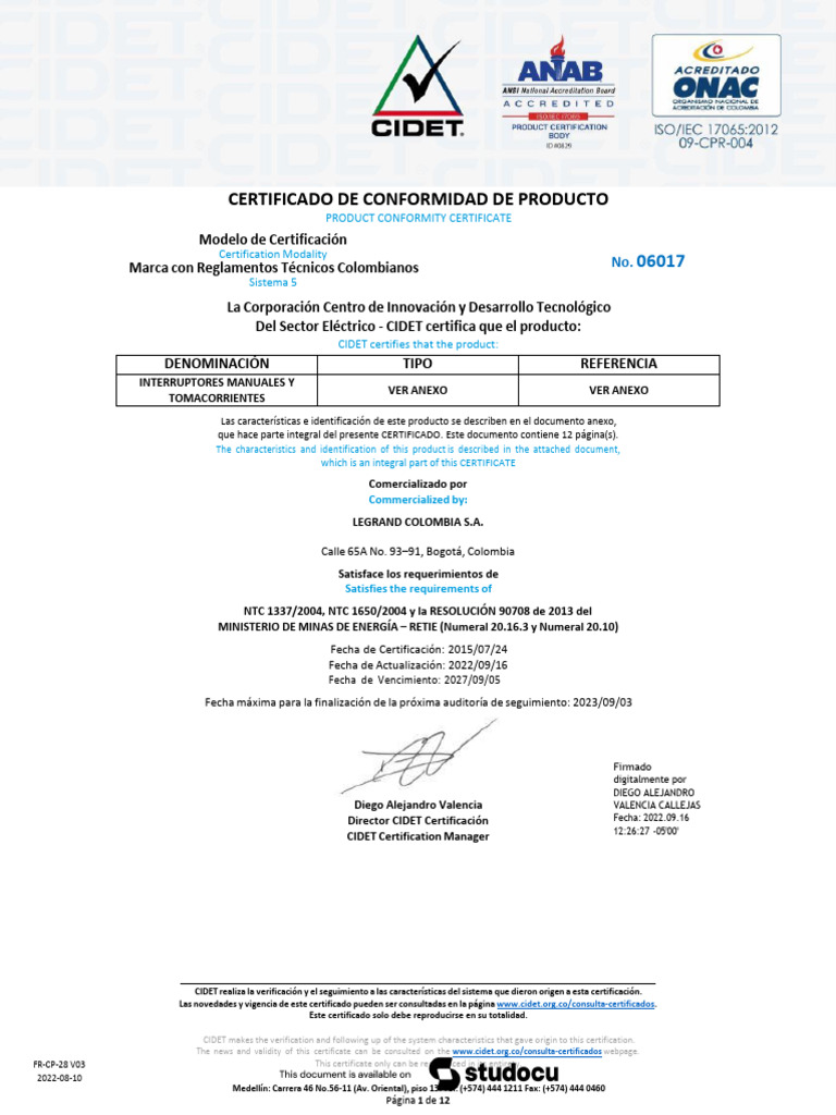 Cert Retie Tomas e Interruptores Legran | PDF