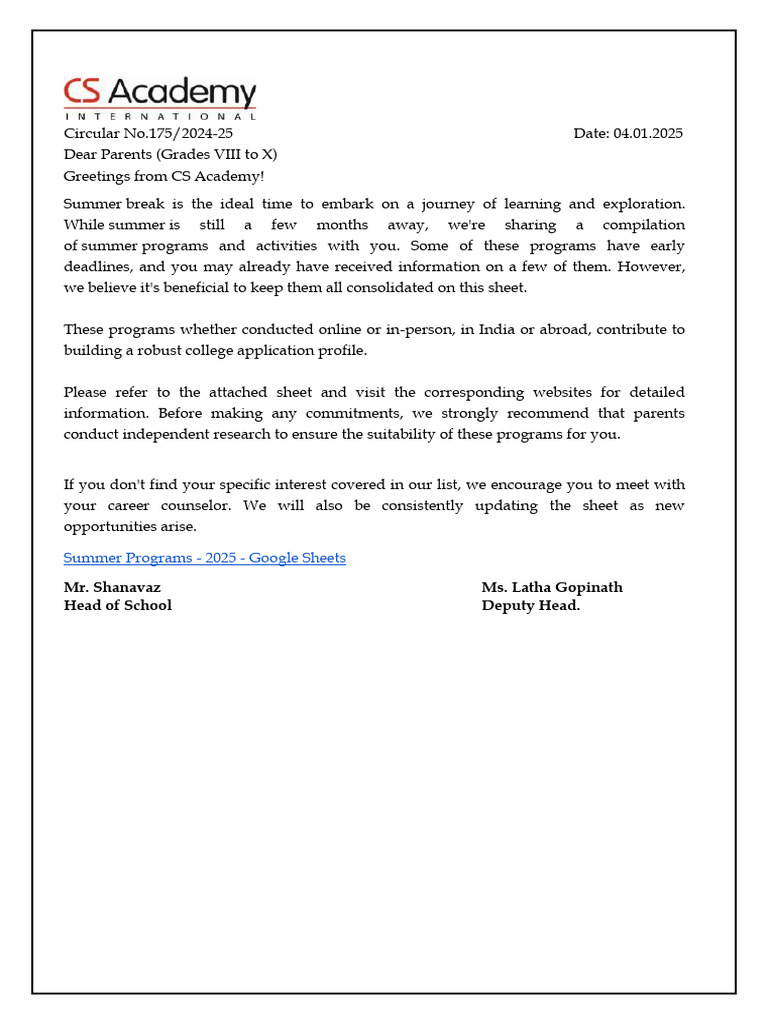 Circular No.175 External Summer Program | PDF