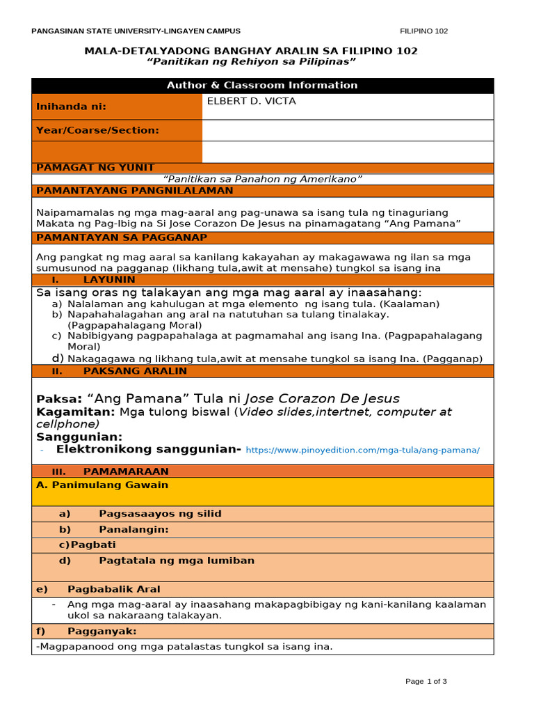 Fil-102 Pakitang Turo Banghay Aralin | PDF