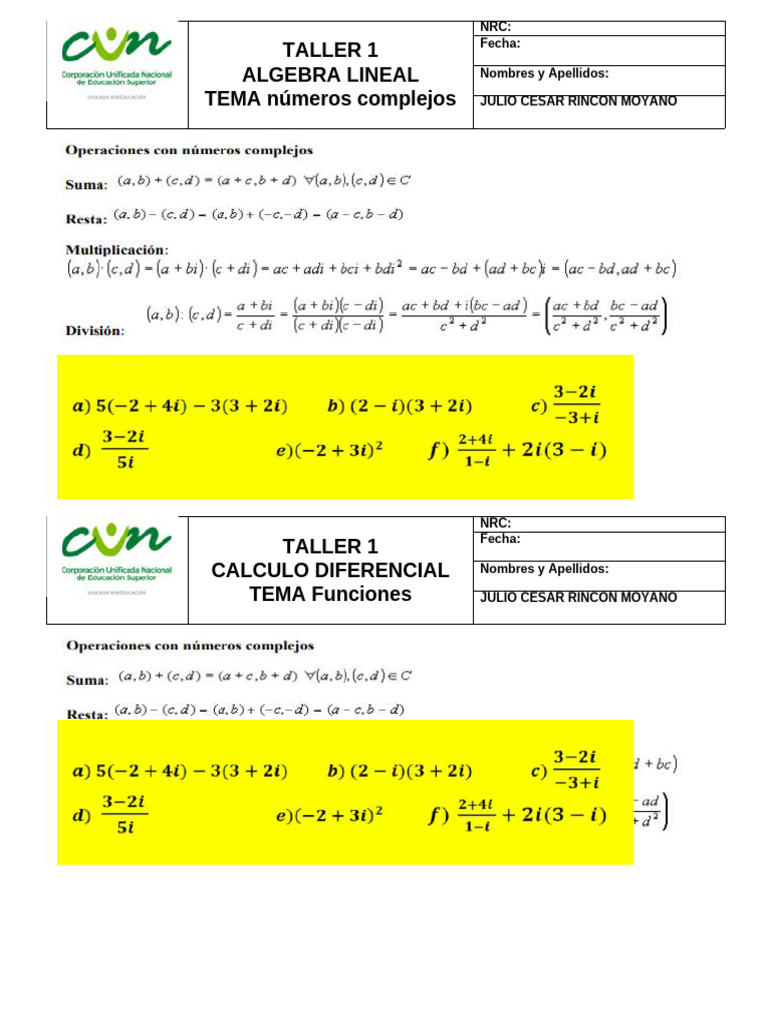 Taller Algebra Lineal Numeros Complejos | PDF