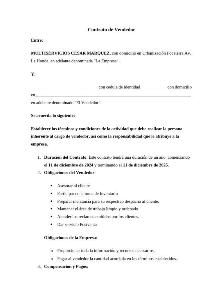 Contrato de Vendedor | PDF | Ventas | Business