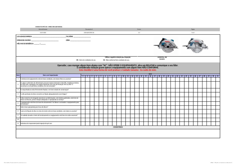 Checklist de Inspeção Serra Circular Manual | PDF