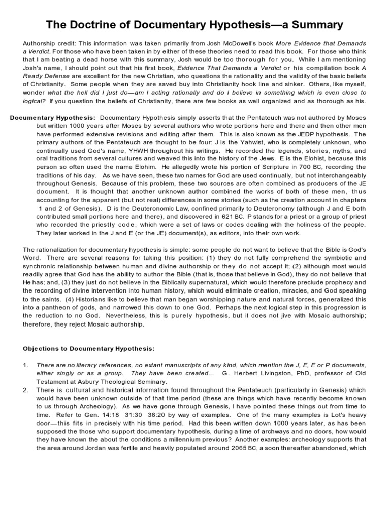 Documentary Hypothesis Summary | PDF | Monotheism | Torah