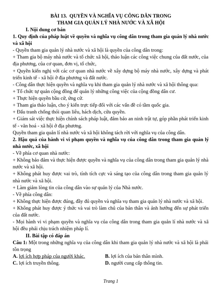 NỘI DUNG CƠ BẢN QUYỀN VÀ NGHĨA VỤ CÔNG DÂN TRONG THAM GIA QUẢN LÝ NN VÀ XH | PDF