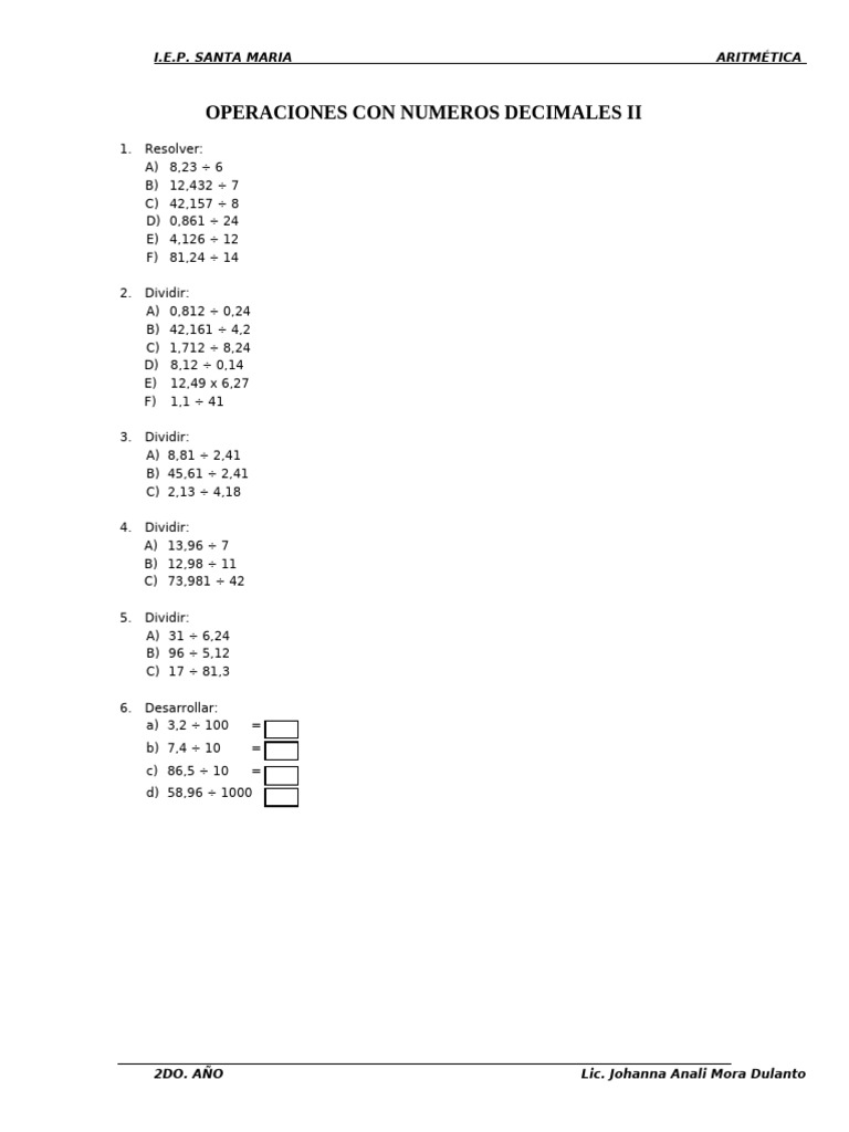 Operaciones Con Numeros Decimales II | PDF