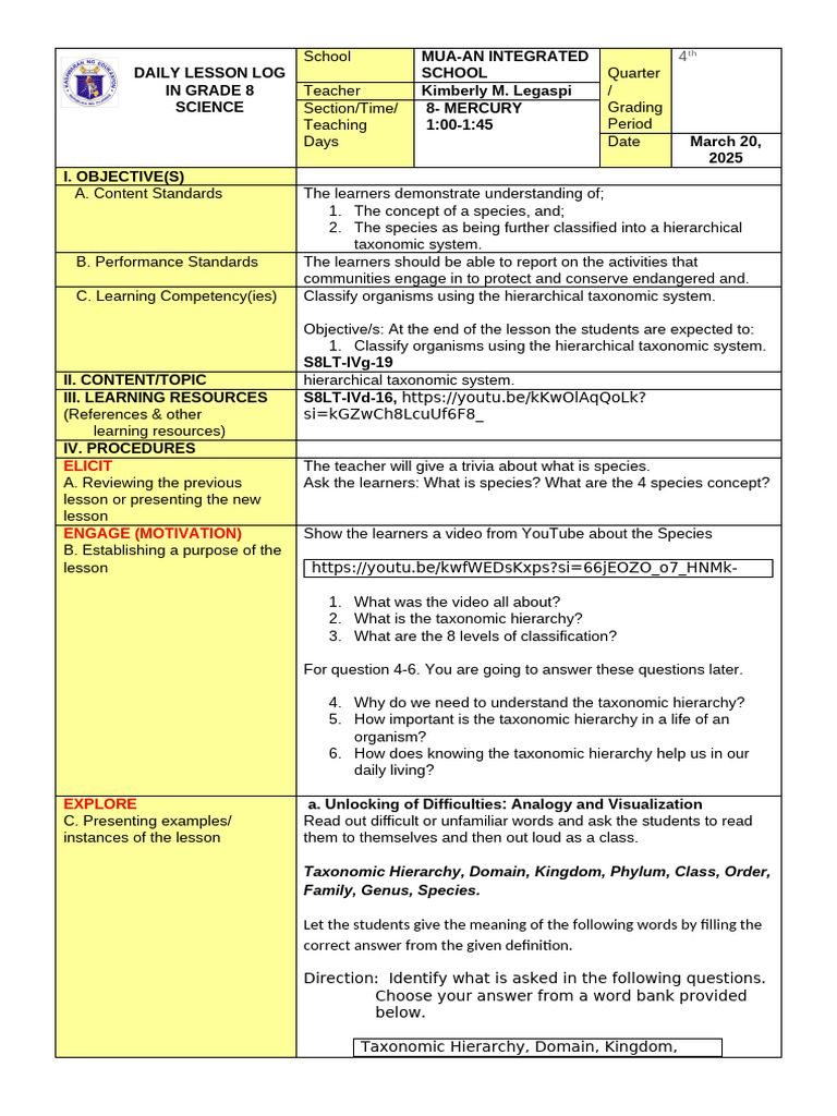 Grade 8 Science Daily Lesson Log | PDF | Species | Taxonomy (Biology)