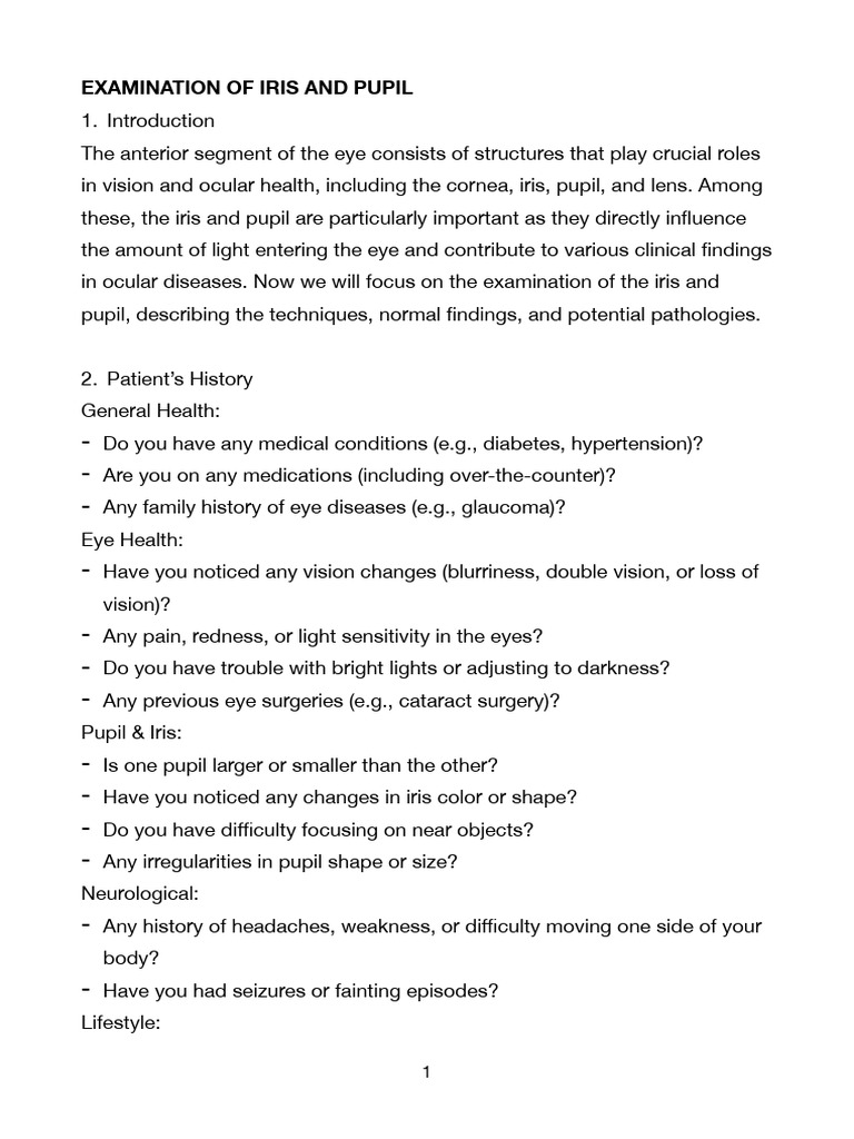 Iris and Pupil Examination Techniques | PDF | Sensory Organs | Light