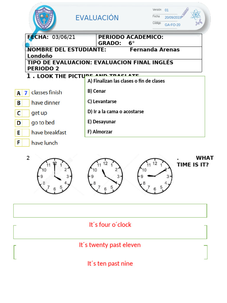 Spanish Time-Telling Worksheet | PDF