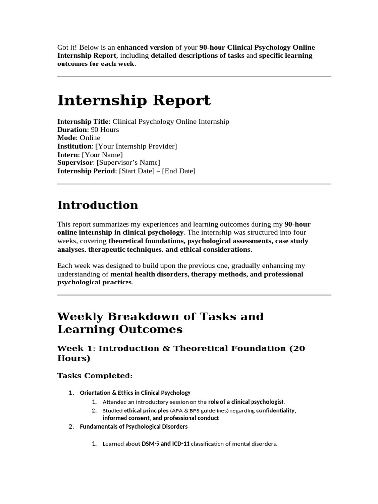 Internship Report Sample | PDF | Psychotherapy | Cognitive Behavioral ...