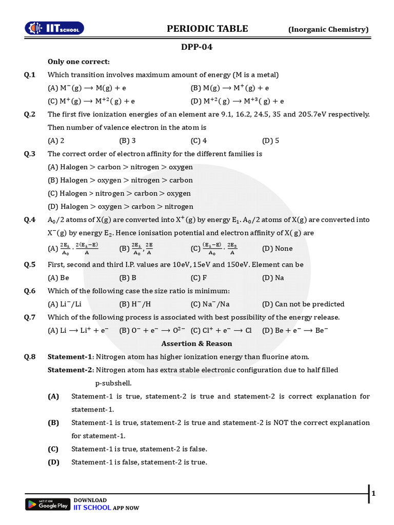 Inorganic Chemistry: Periodic Table Quiz | PDF | Atoms | Nature