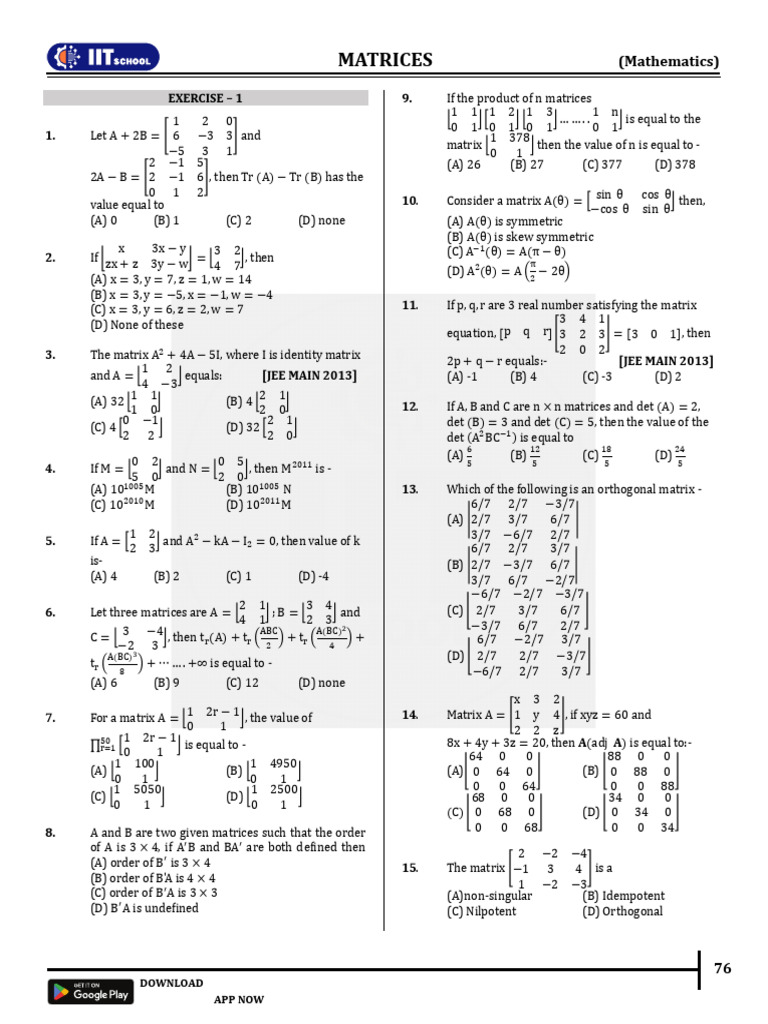 Sheet - 01 - Matrices | PDF | Matrix (Mathematics) | Abstract Algebra
