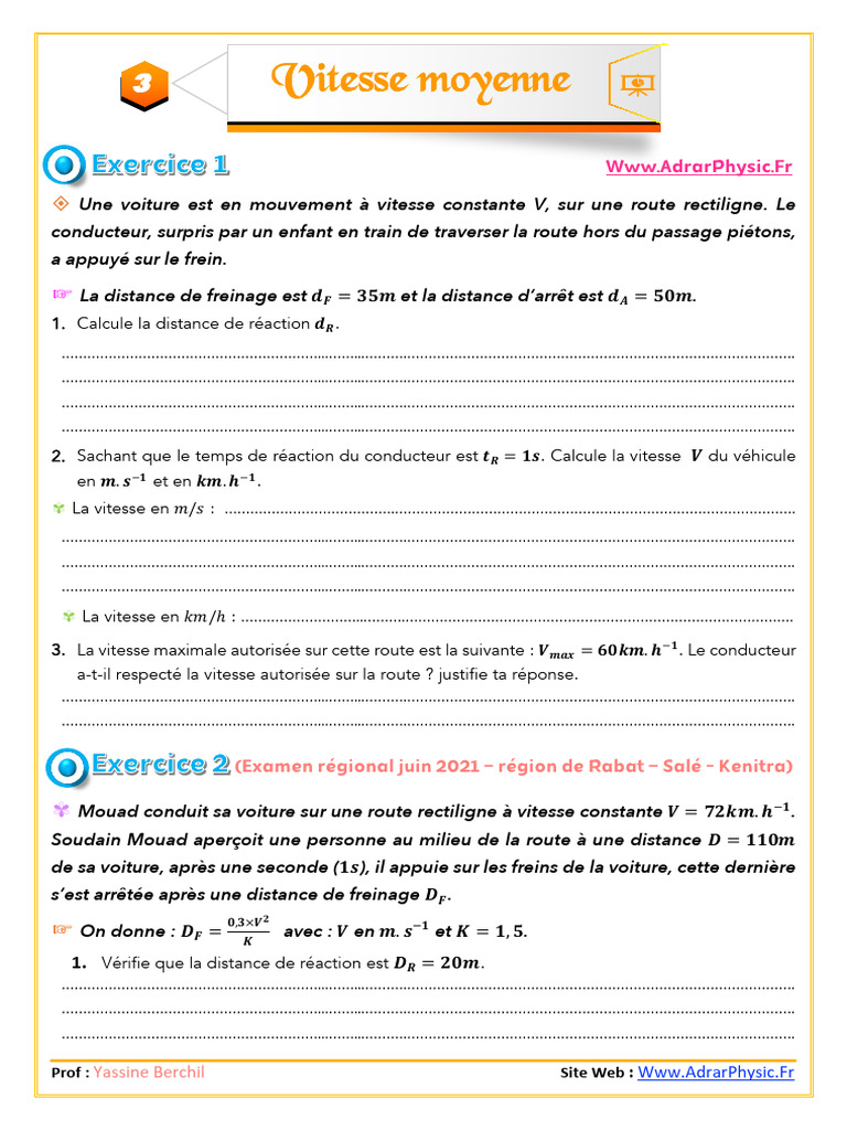 Série 3 - La Vitesse Moyenne Prof. Berchil | PDF