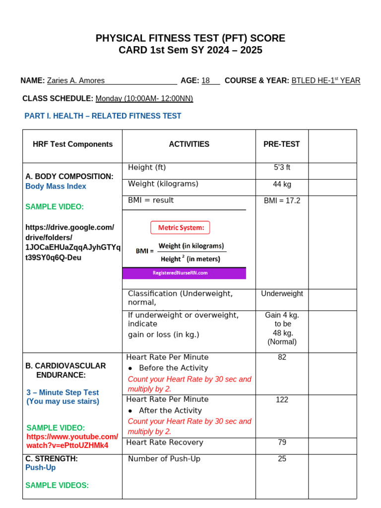 AMORES Physical Fitness Test Score Card (5) | PDF | Body Mass Index ...