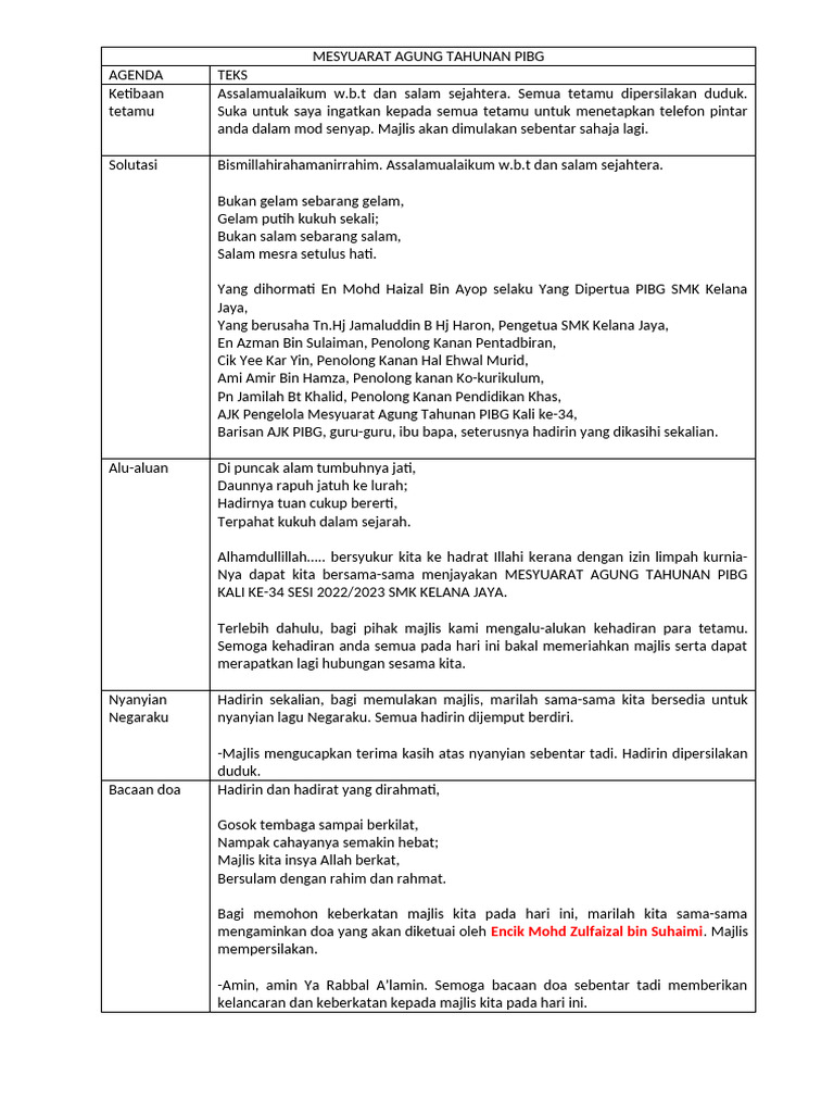 Teks Pengacara Mesyuarat Agung Pibg 34 2022 | PDF