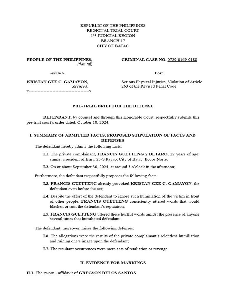 Pre-Trial Brief For Plaintiff and Defense | PDF | Justice | Crime ...