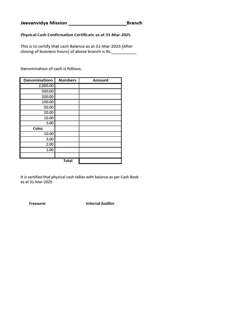 Cash Confirmation Certificate PDF | PDF