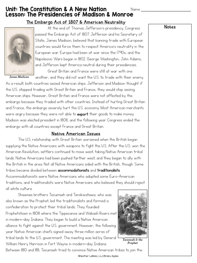 The Presidencies of James Madison & James Monroe | PDF | James Madison ...