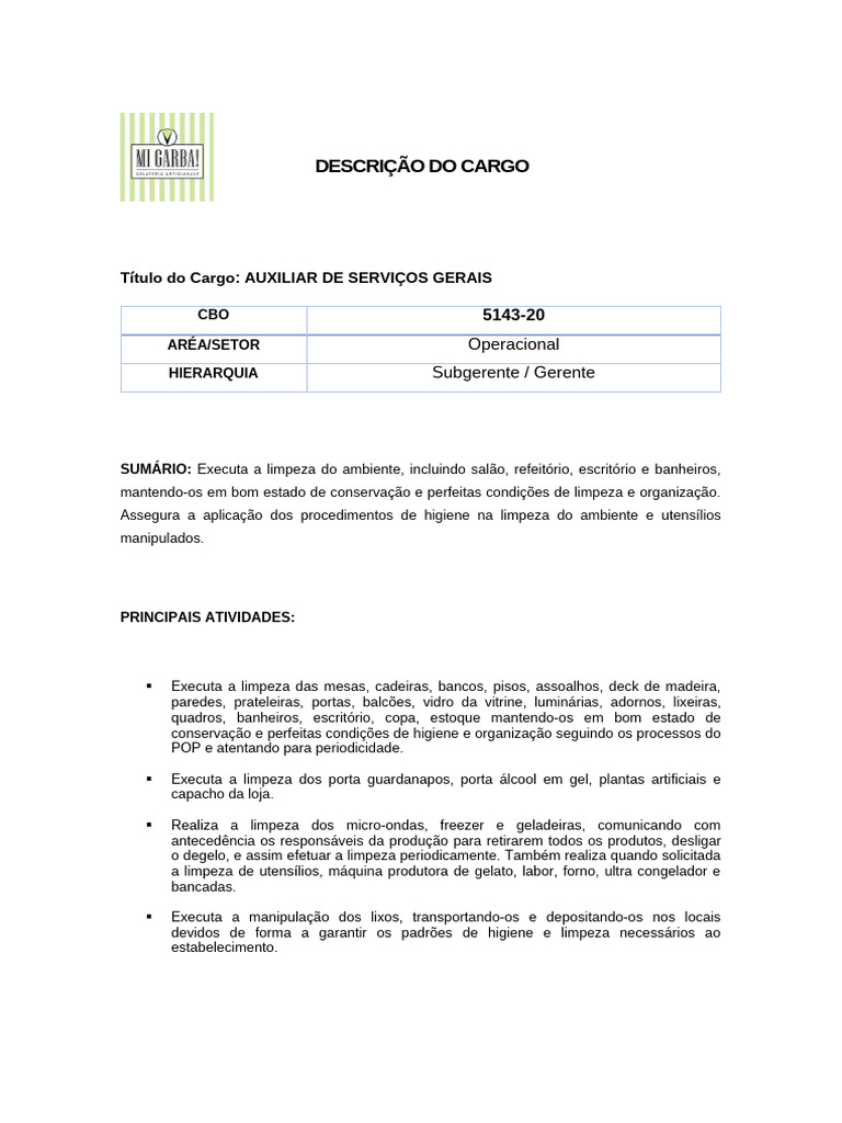 Descrição do Cargo: Auxiliar de Serviços Gerais | PDF