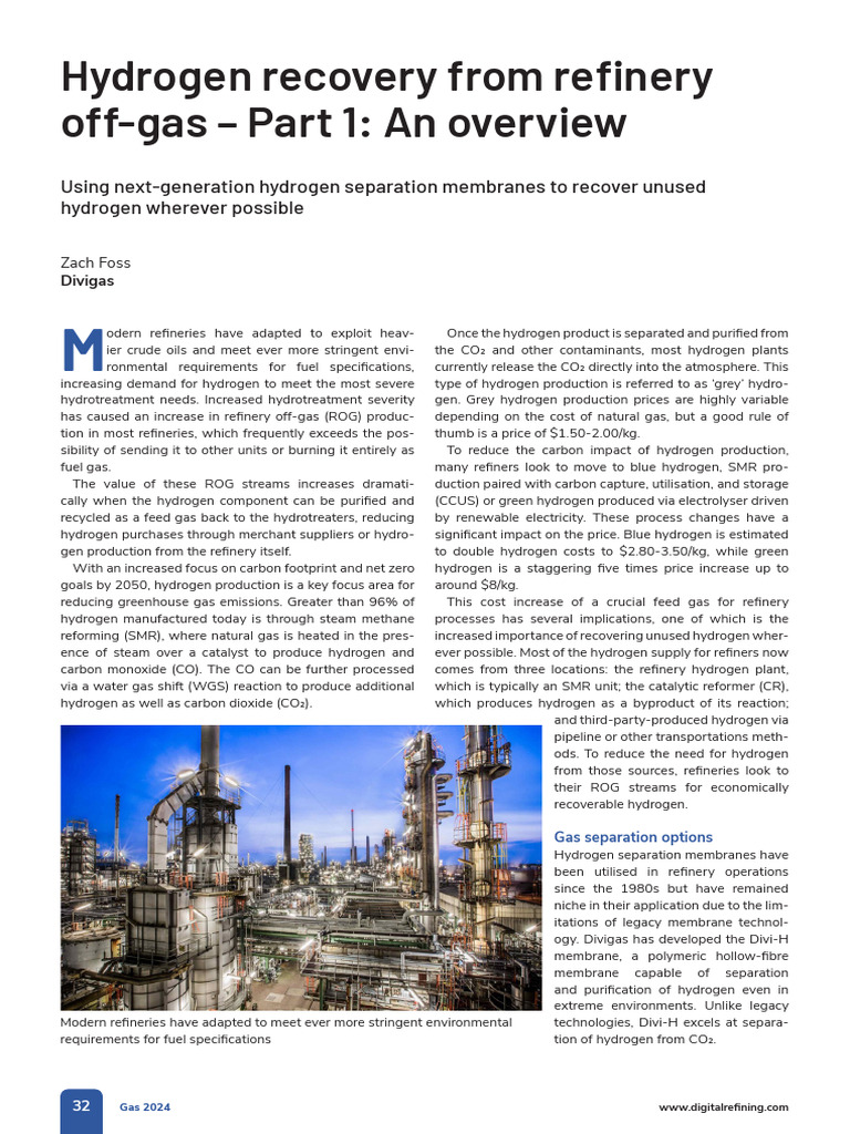 Hydrogen Recovery From Refinery Off Gas Part 1 An Over View | PDF ...
