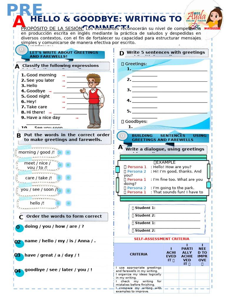 Ficha2 - Hello & Goodbye - Writing To Connect - Prea1 | PDF