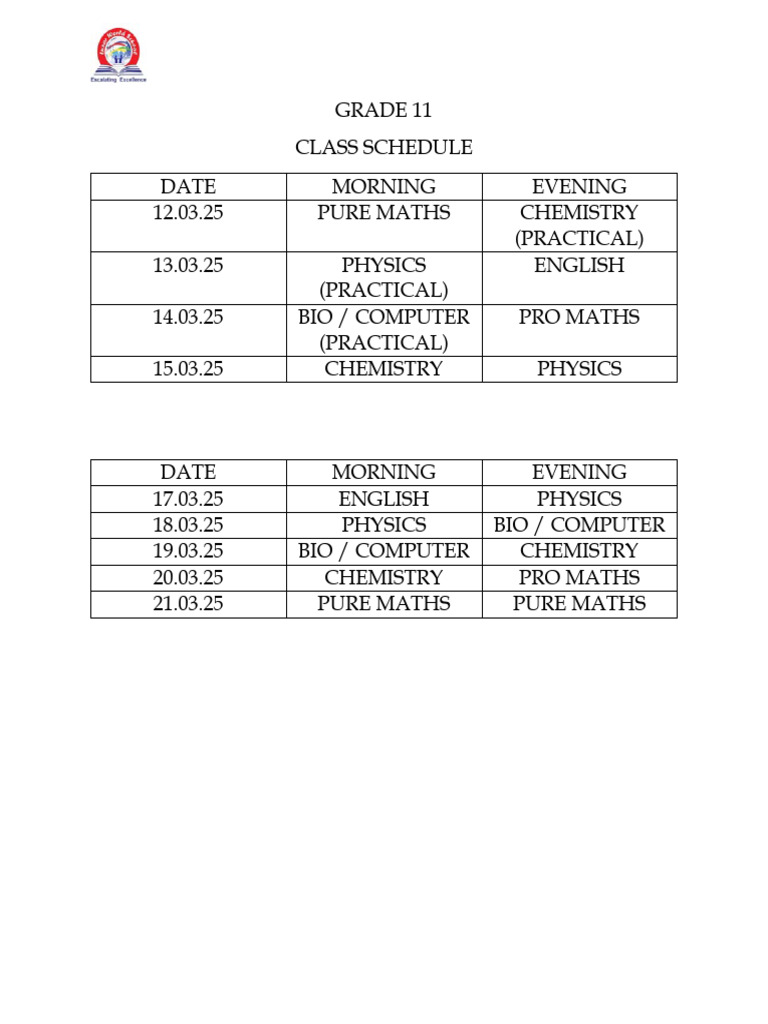 GR 11 CLASS SCHEDULE_250311_154522 (1) | PDF