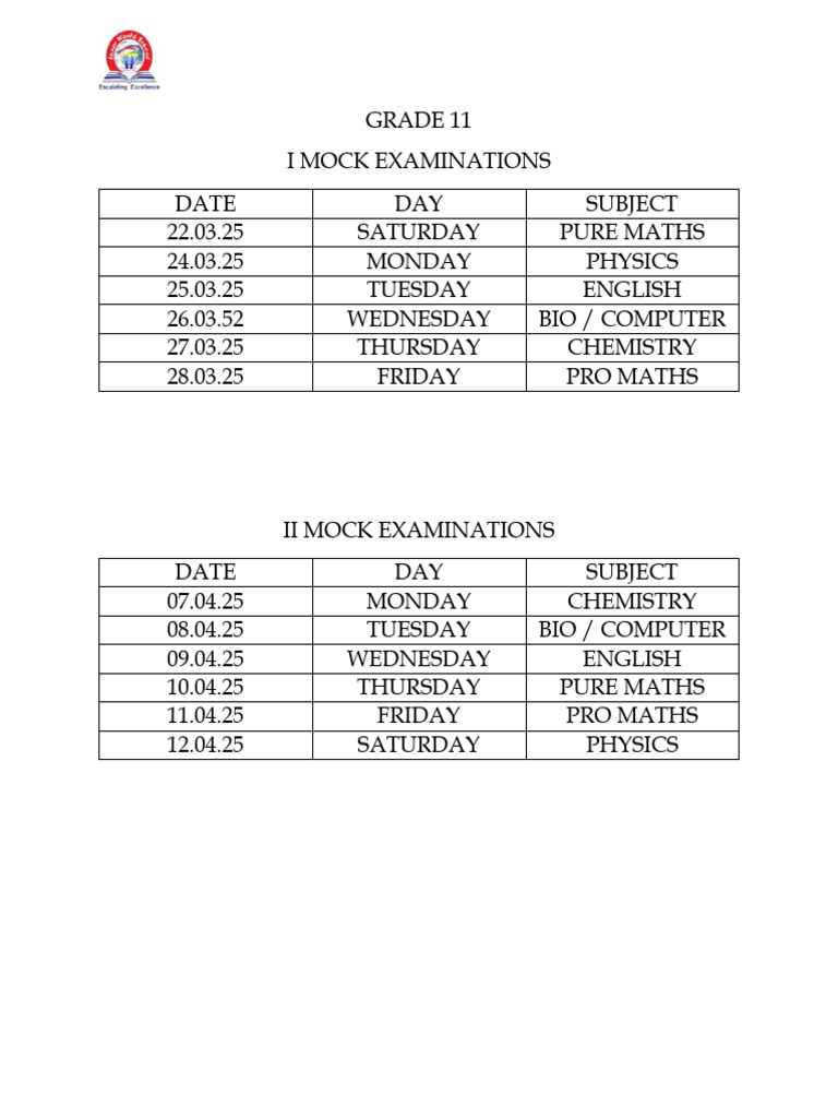 Grade 11 Mock Exam Schedule 2025 | PDF