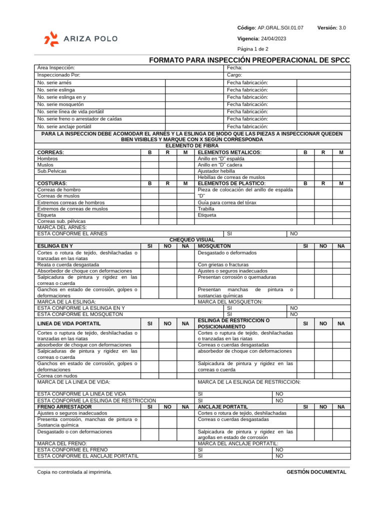 Al - Sgi.01.07 v3.0 Formato para Inspeccion Preoperacional de SPCC | PDF