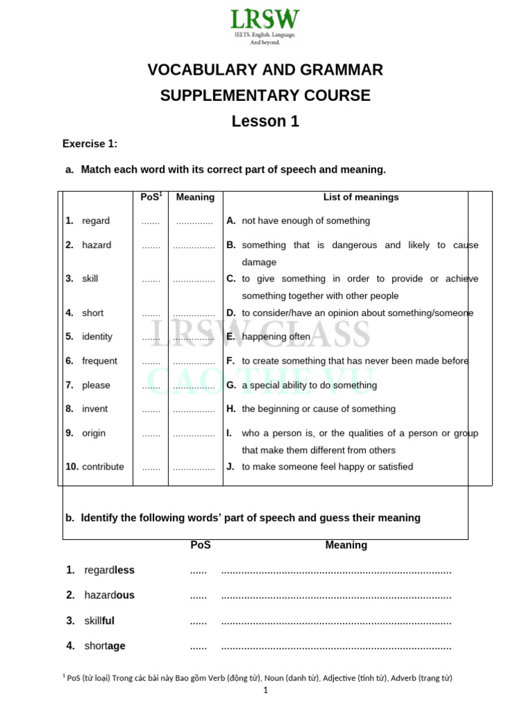 Vocab Lesson 1 Matching Heading | PDF | Part Of Speech | Adjective