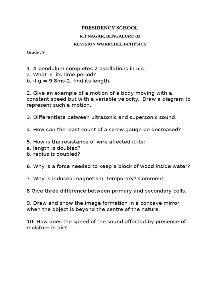 Grade 9 Physics Revision Worksheet | PDF
