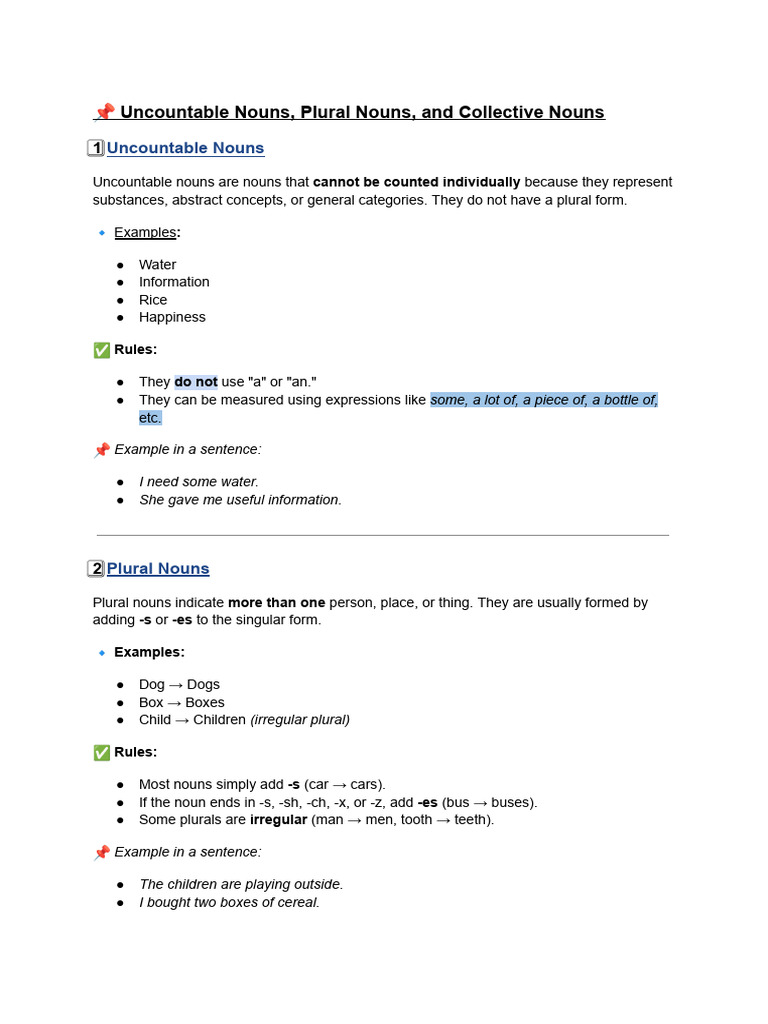? Uncountable Nouns, Plural Nouns, and Collective Nouns | PDF | Noun ...