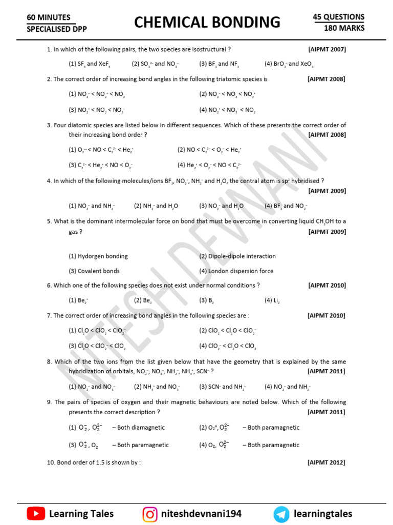 Chemical Bonding 20 Years Pyq's Sheet | PDF | Physical Sciences | Molecules
