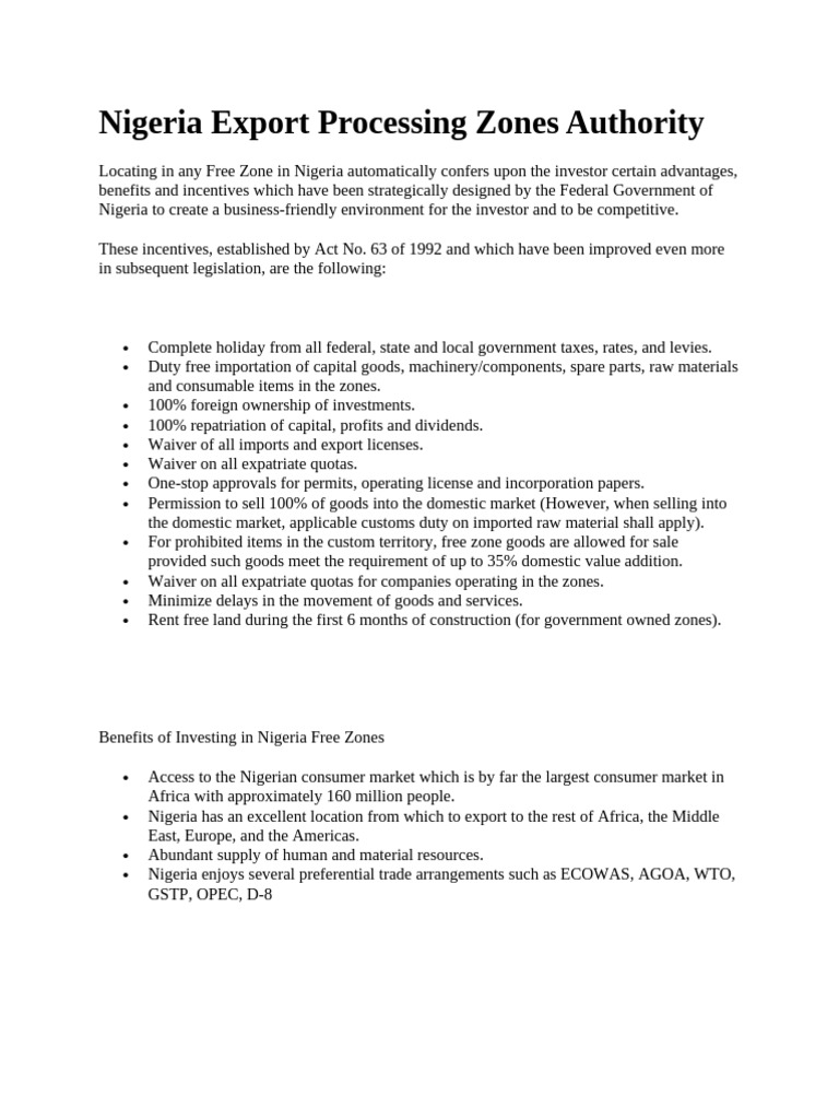 Nigeria Export Processing Zones Authority | PDF