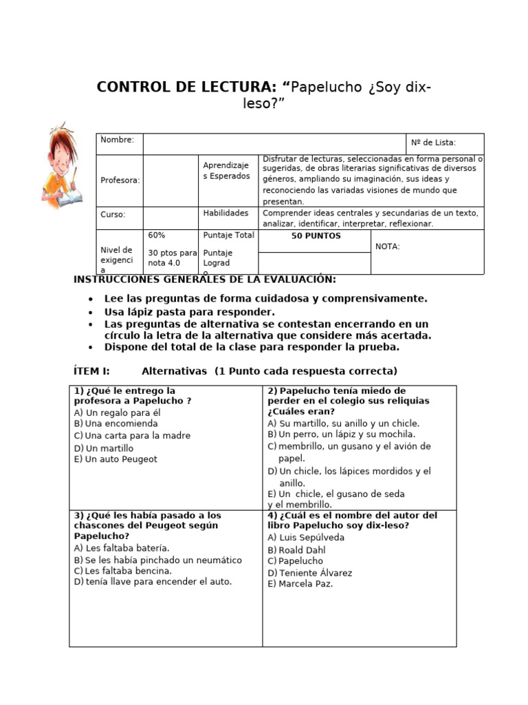 Control de Lectura: Papelucho Dix-leso | PDF