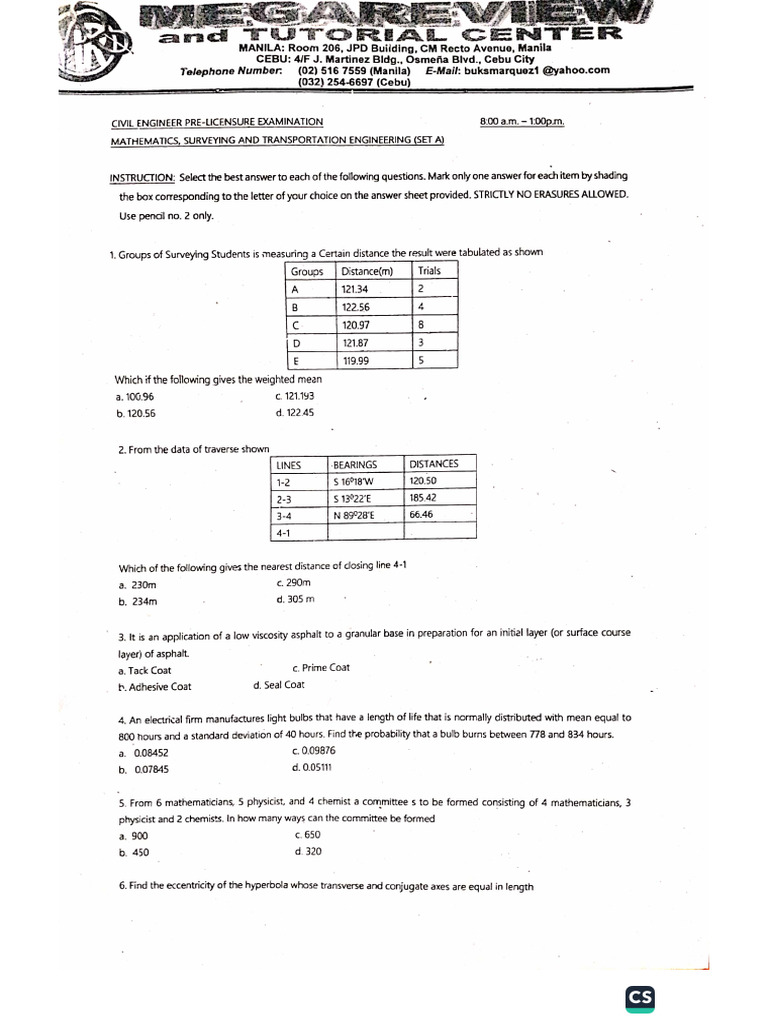 Mathematics Surveying and Transportation Engineering Set A | PDF