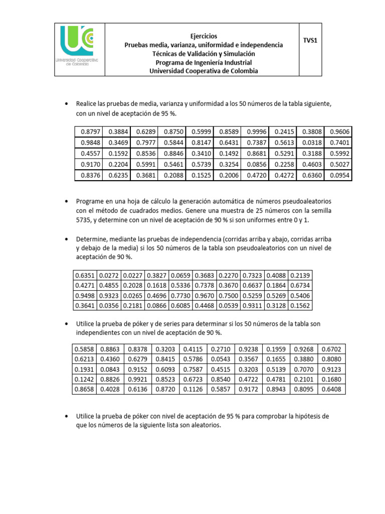 Ejercicios - Pruebas Uniformidad - Independencia | PDF | Matemáticas Aplicadas | Teoría estadística
