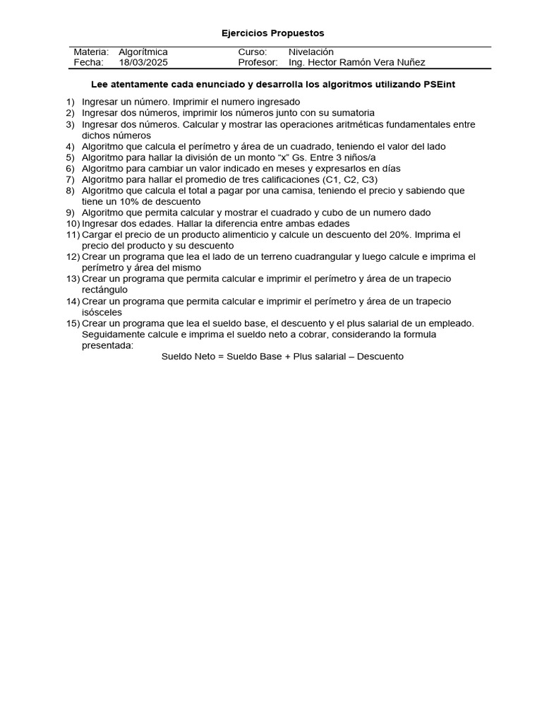 Ejercicios de Algoritmos en PSEint | PDF